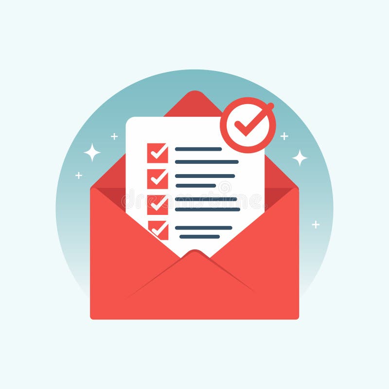 Red Open Envelope with Checklist and Checkmark. Approved Document or ...