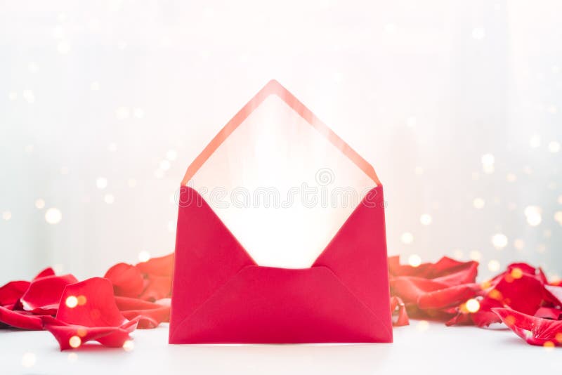 Red Open Envelope with Rose Petals Background for Valentines Day. Stock ...