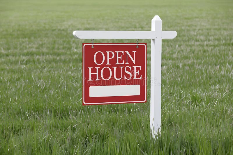 OPEN HOUSE Sign on White Post in Vibrant Green Field Stock Illustration ...