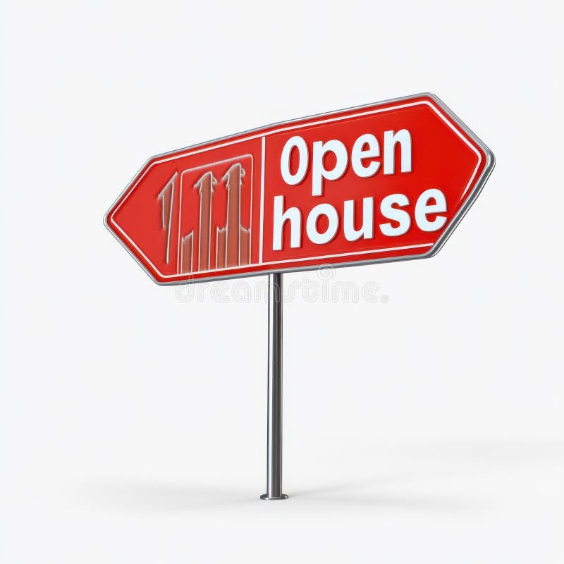 Red Open House Sign on Stand with Arrows Pointing Right Stock ...