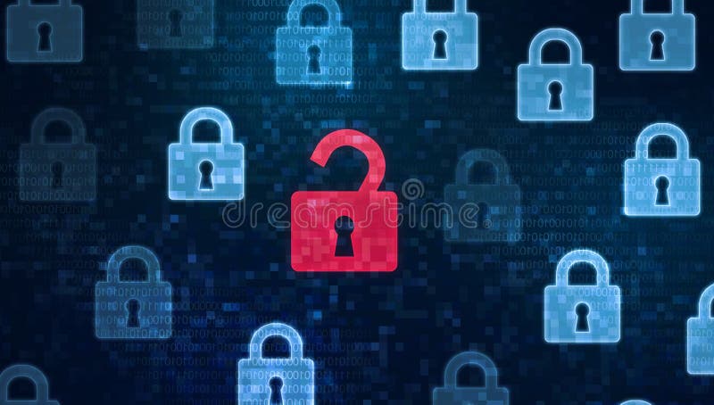Red Open Padlock Icon among Closed Padlocks on Digital Screen Stock ...