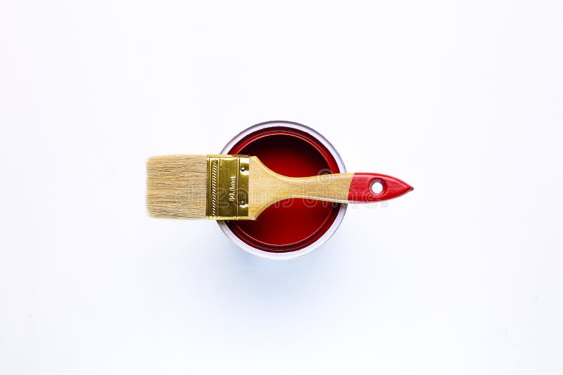 Red Open Paint Can with Brush on it Isolated on White Background Stock ...