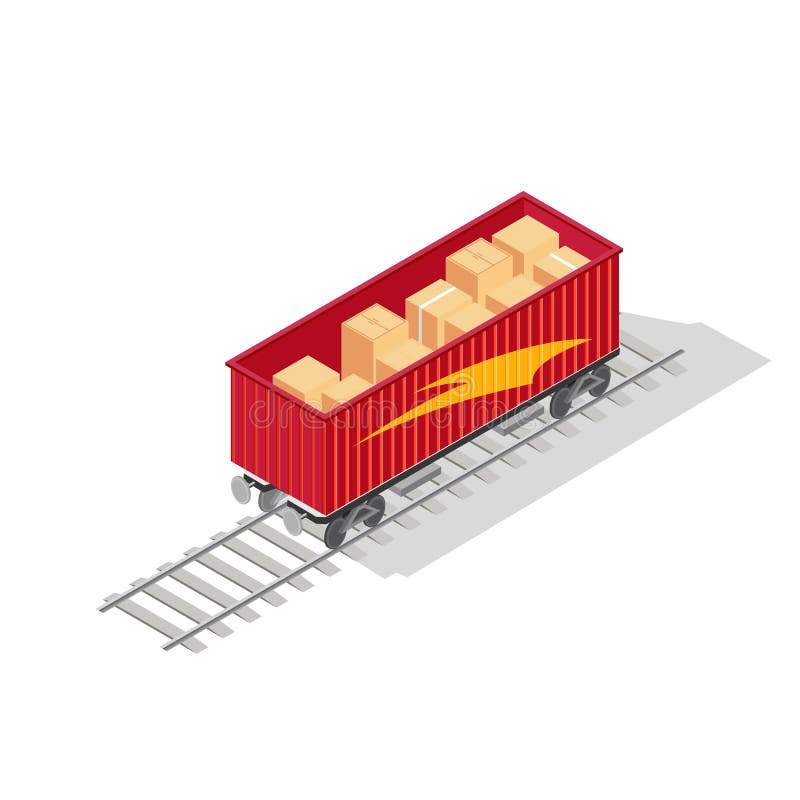 Red Open Top Container of Train with Cardboard Boxes or Wooden Crates ...