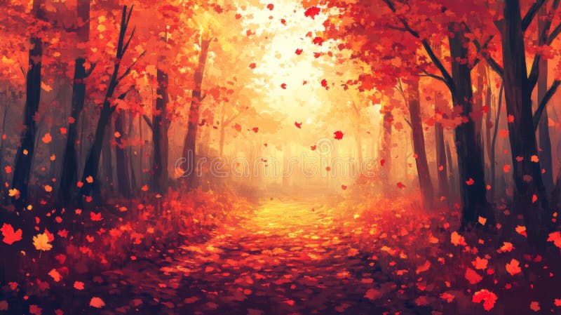 Red and Orange Autumn Forest Path Sunlight Stock Illustration ...
