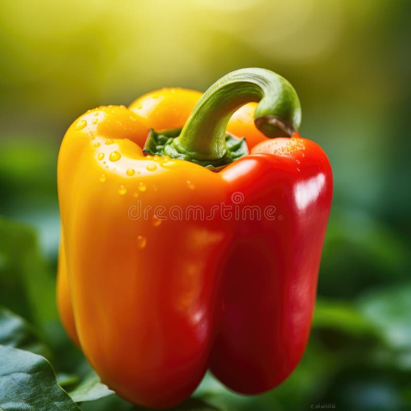 A Red and Orange Bell Pepper on a Green Leaf, AI Stock Photo - Image of ...