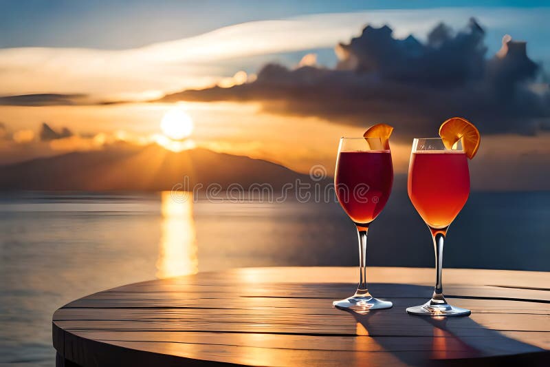 Red and Orange Cocktail Drinks Standing on Table with Sunset and Ocean ...
