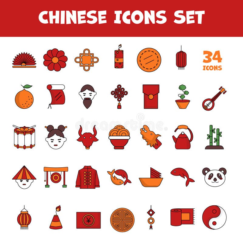 Red and Orange Color Set of Chinese Icons in Flat Stock Illustration ...