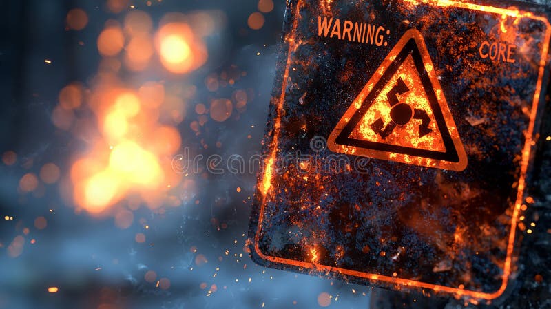 Red and Orange Hazard Symbols Flash Warning about Core Meltdown. Sparks ...