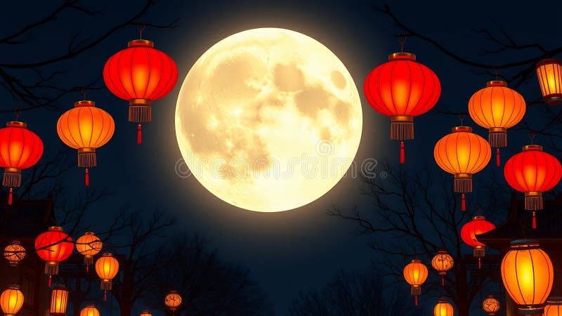Red and Orange Lanterns Glow Under a Full Moon Stock Illustration - Illustration of festive ...