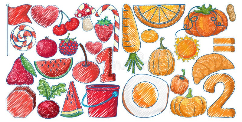 Red and Orange Objects in Pencil Colour Sketch Simple Style Stock ...