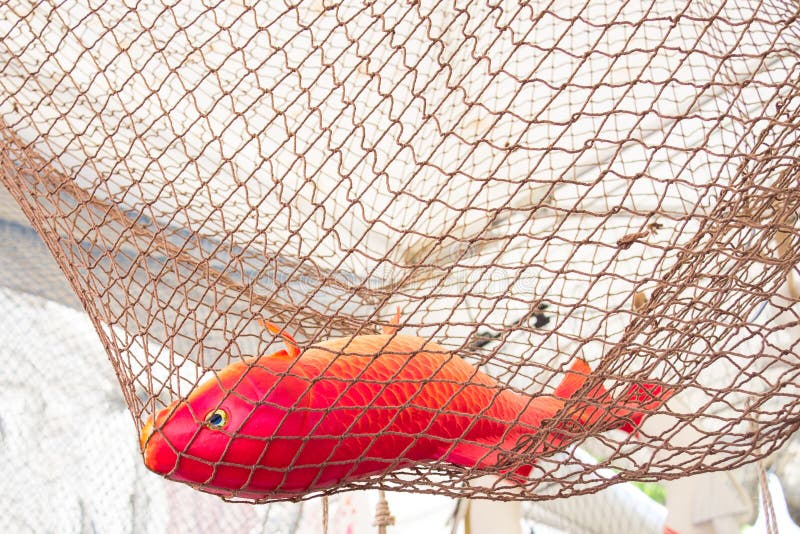 Red Orange Plastic Fish in a Rope Fish Net Stock Photo - Image of ...