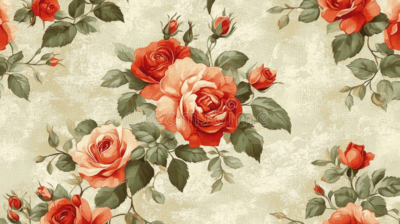 Red and Orange Roses Floral Pattern on Beige Background Stock ...