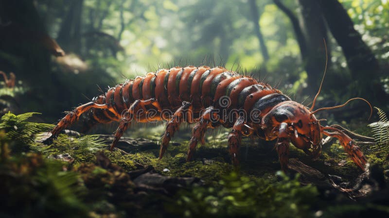 Red and Orange Segmented Insect Crawling on Moss in Lush Forest Stock ...