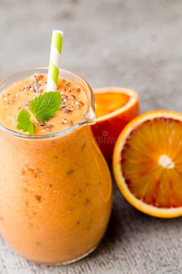 Red Orange Smoothie, Decor Mint Leaves. Stock Image - Image of smoothie ...