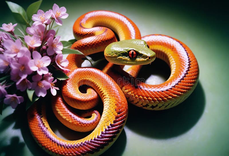 Red and Orange Snake Amidst Purple Flowers Stock Illustration ...