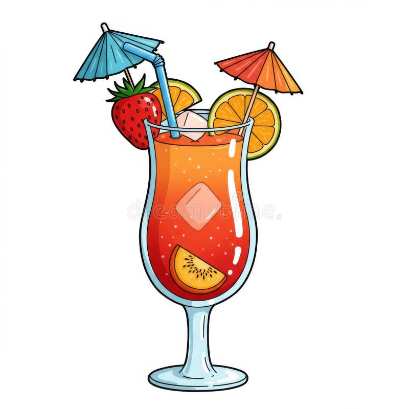 Red Orange Summer Cocktail with Fruit Garnish Stock Illustration ...