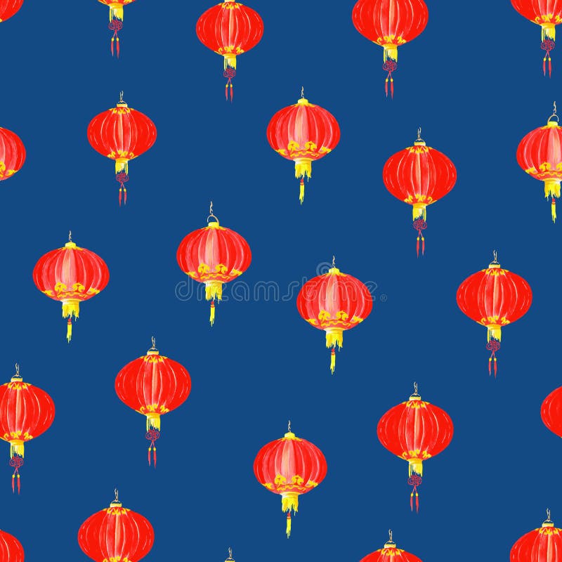 Red Oriental Lantern Watercolor Seamless Vector Pattern Stock Vector ...