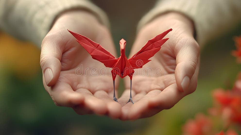Red Origami Crane in Hands stock illustration. Illustration of outdoors ...