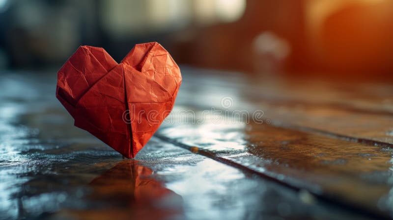 Red Origami Heart on Table stock image. Image of surface - 315332015