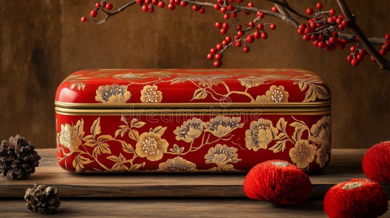 Red Ornate Decorative Box with Gold Floral Pattern Stock Illustration ...