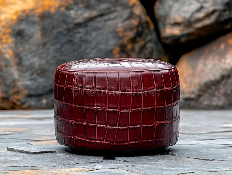 A Red Ottoman Sitting on Top of a Stone Floor Next To a Rock Wall Stock ...