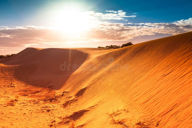 Red Sand Dune with Ripple and Blue Sky Stock Photo - Image of sunset ...
