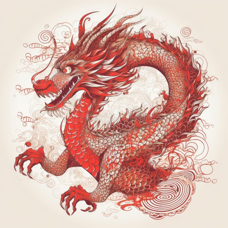 Red Outline Tattoo Style Traditional Chines Dragon Stock Illustration ...