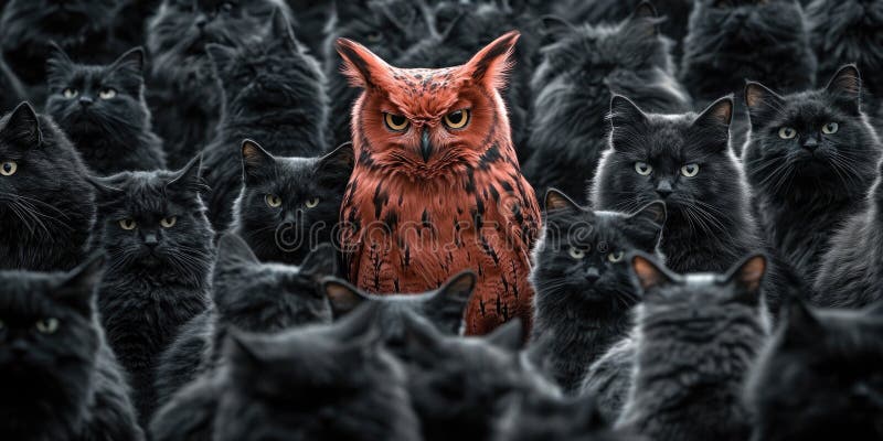 Red owl with black cats stock photo. Image of friendship - 381251018