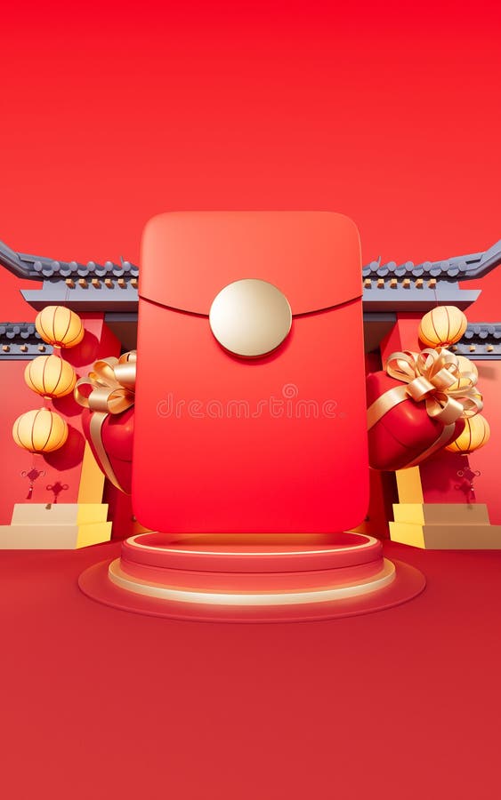 Red Package with Chinese Ancient Building Background, 3d Rendering ...