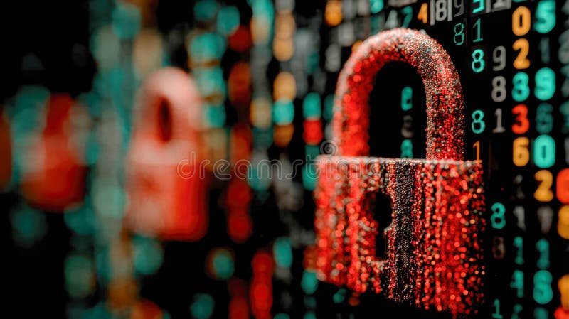 Red Padlock with Binary Code Texture, Symbolizing Cybersecurity and Data Protection, Floating ...