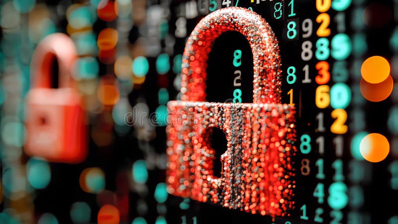 Red Padlock with Binary Code Texture, Symbolizing Cybersecurity and Data Protection, Floating ...