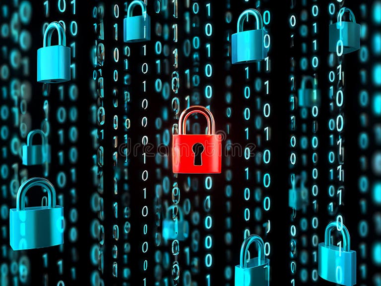 Red Padlock among Blue Padlocks on Binary Code Background Stock Image - Image of keyhole, lock ...