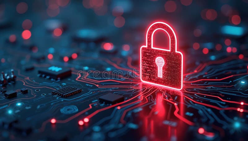 Red Padlock Glows on Circuit Board, Symbolizing Cyber Security, Data ...