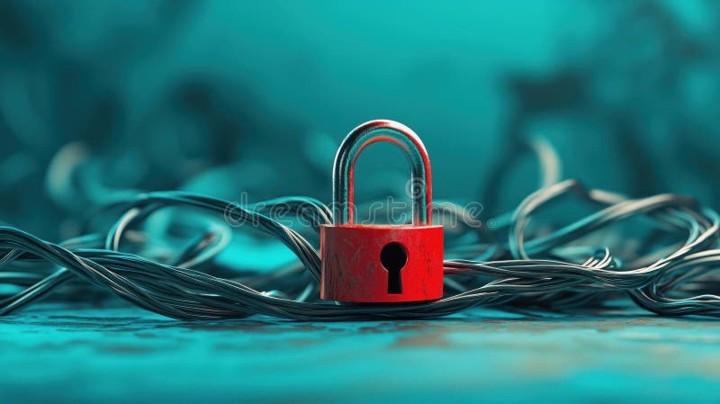 Red Padlock Secured among Tangled Wires, Symbolizing Security and ...