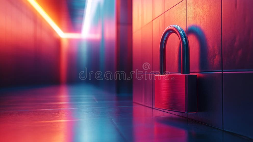 Red Padlock on Tile Wall with Neon Lights Stock Illustration ...