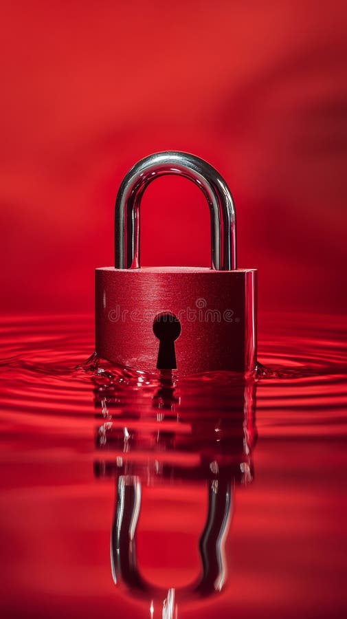 Red Padlock in Water with Ripples, Close-up View. Security and Safety ...