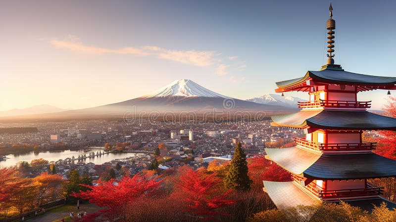 Red Pagoda with Mt Fuji Generative AI Stock Illustration - Illustration ...