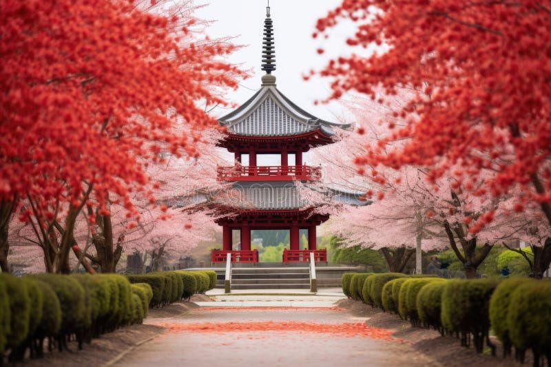 A Red Pagoda Surrounded by Cherry Blossom Trees Stock Photo - Image of ...