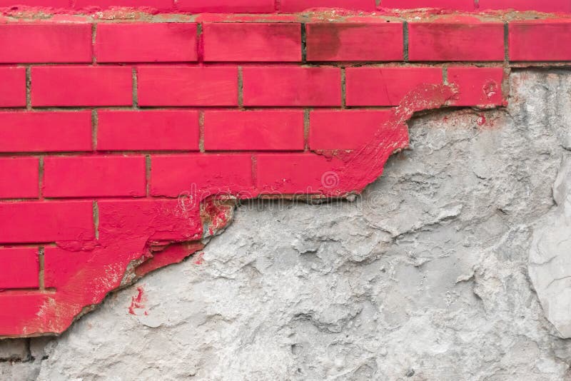 Red Paint on Brick Broken Masonry Wall with Cement White Concrete ...