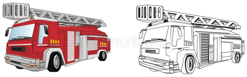 Colored and Coloring Fire Engine Stock Illustration - Illustration of ...