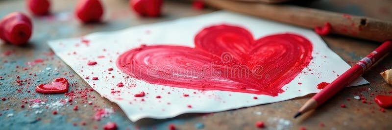 Red Paint, Heart Shaped Card, Children S Artwork on Table , Red, Table ...