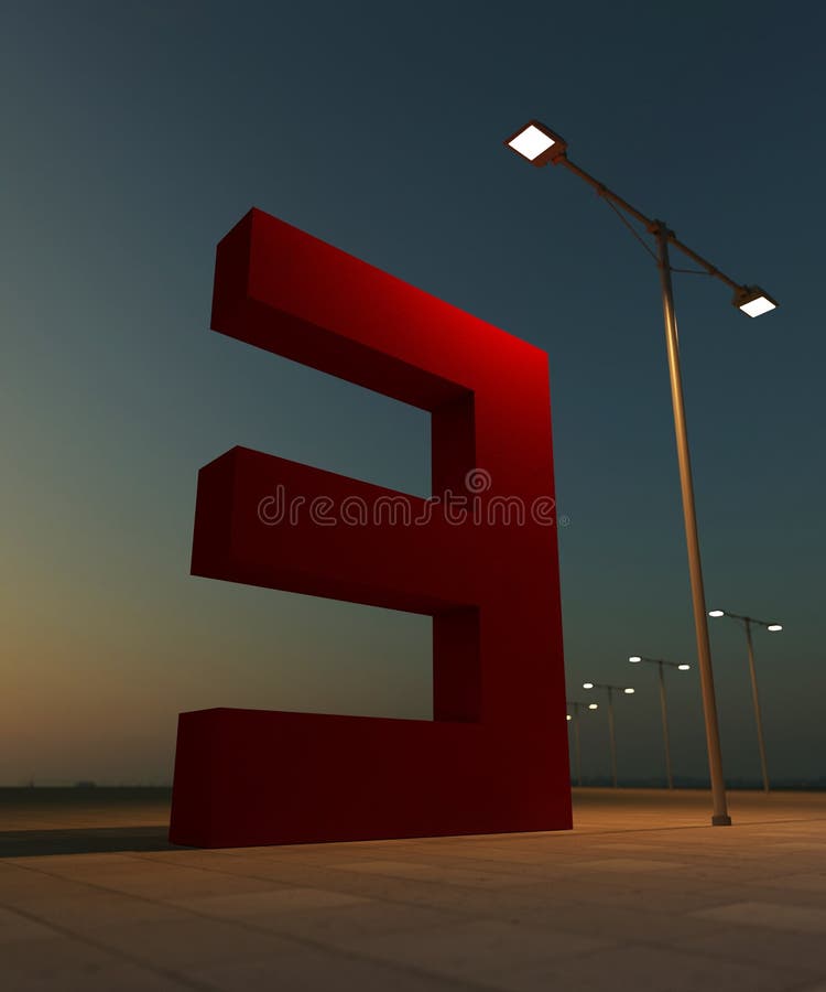 Red Paint Number 3. 3D Render of Big Giant Font on the Street. Abstract ...