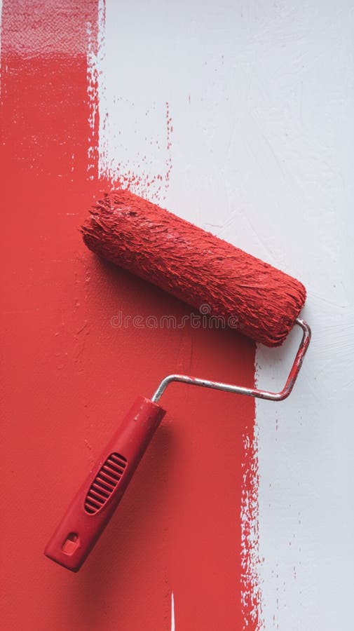 Red Paint Roller Applies Fresh Stroke on White Surface, Textured Handle ...