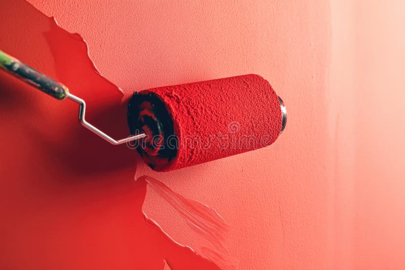 A Red Paint Roller with a Paint Brush Stuck into Its End Stock Photo ...
