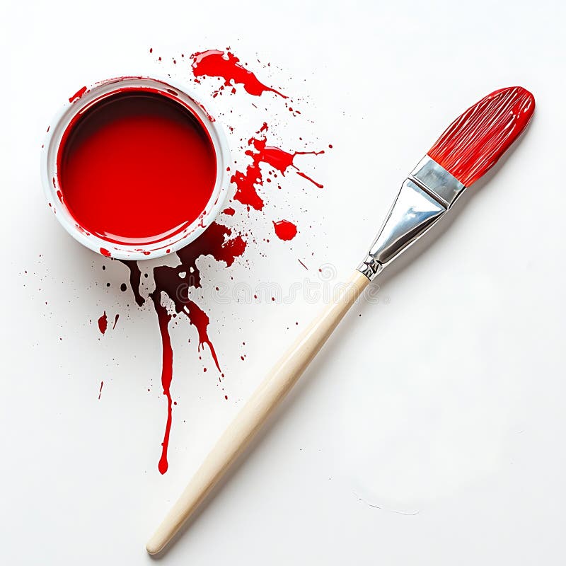 Red Paint in a Small Container with Paintbrush and Paint Splatters on a ...