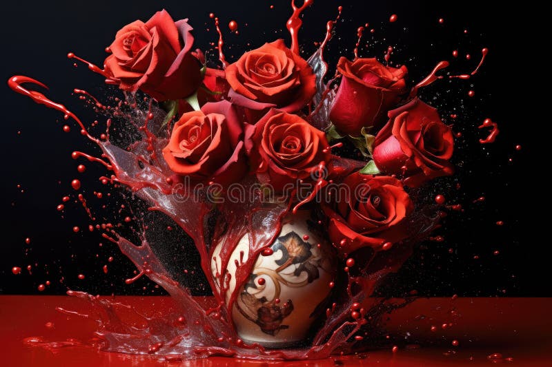 Red Paint Splashing, Forming into Shape of Roses Bouquet.AI Generated ...