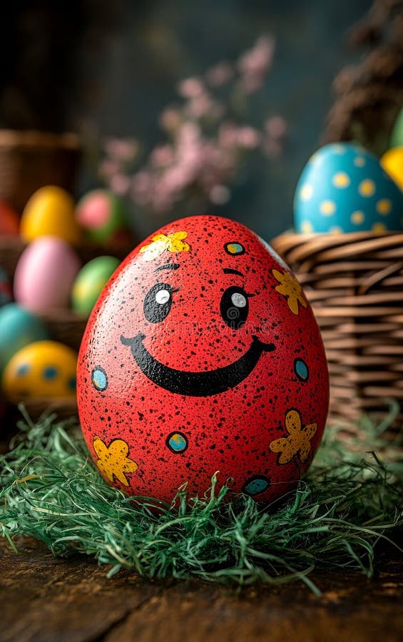 A Red Painted Egg with a Smiley Face on it Stock Image - Image of ...