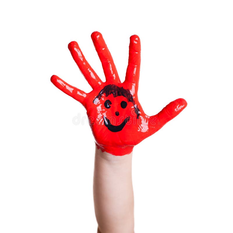 Red Painted Hand with a Smiley Stock Photo - Image of finger ...