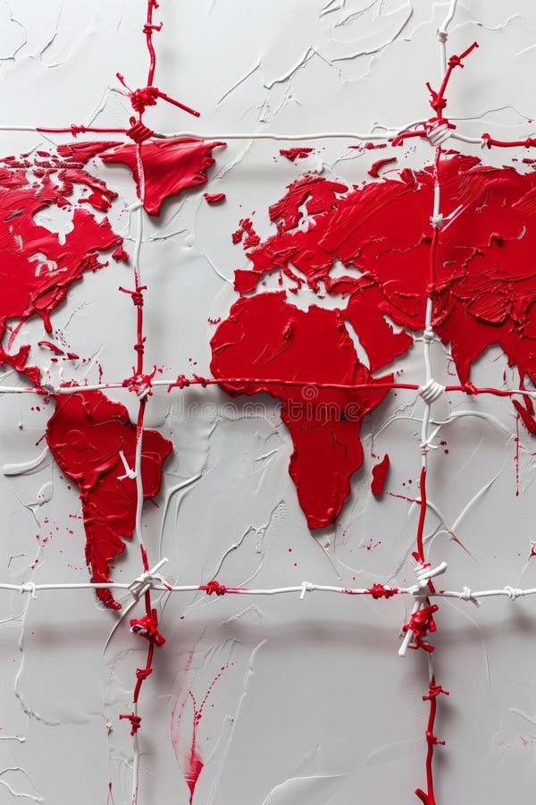 A World Divided: Red Paint and Barbed Wire Depict a Fragmented Globe ...