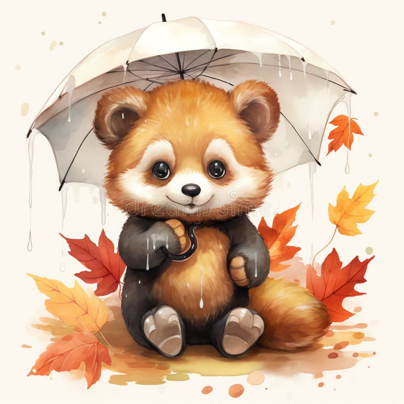 Red Panda in Autumn Under Umbrella Stock Illustration - Illustration of ...